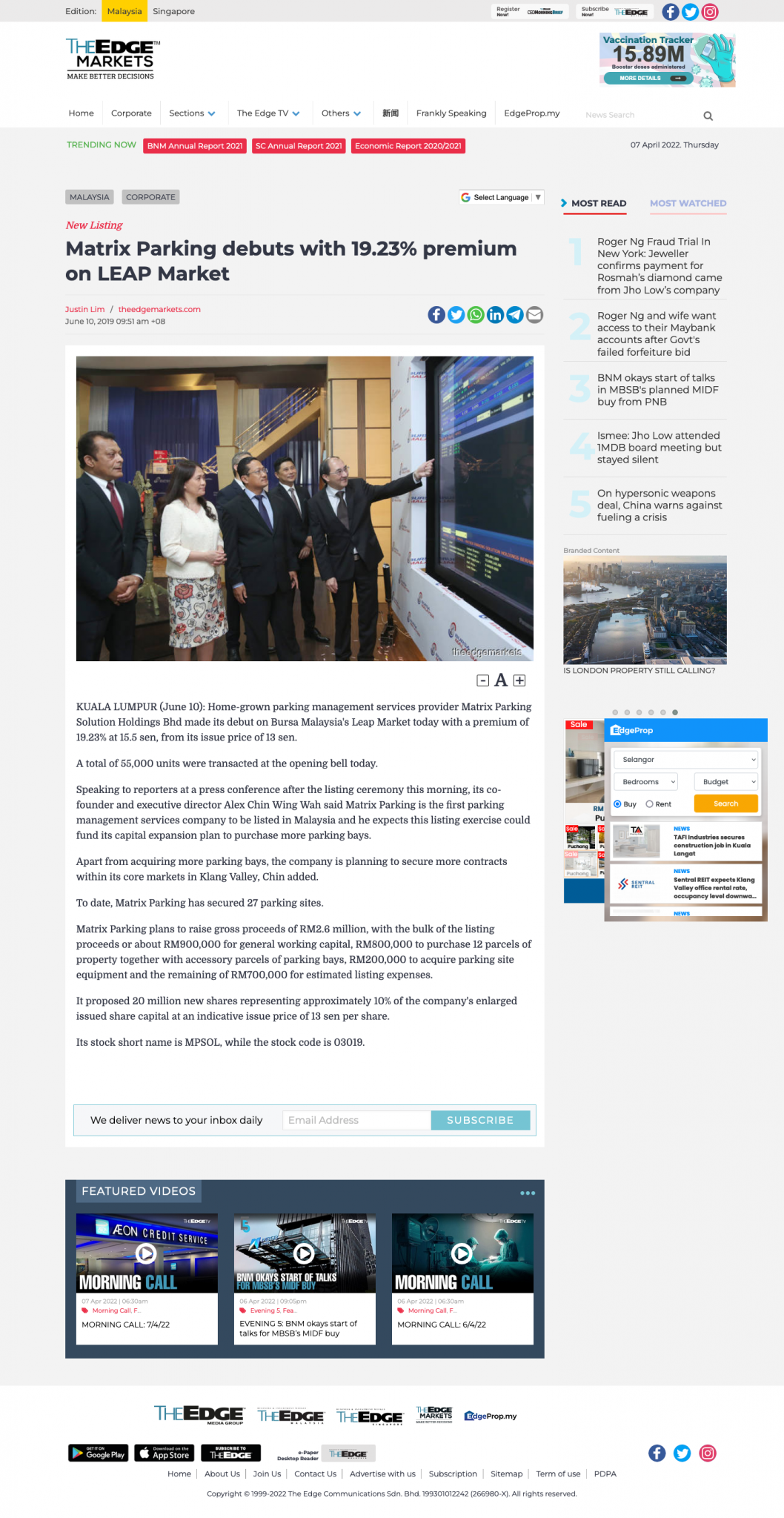 Matrix Parking debuts with 19.23% premium on LEAP Market – Matrix ...