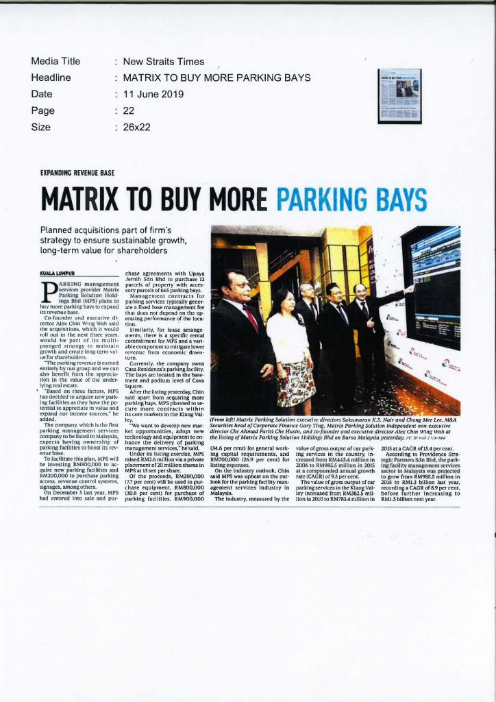 Matrix to buy more parking bays – Matrix Parking Solutions